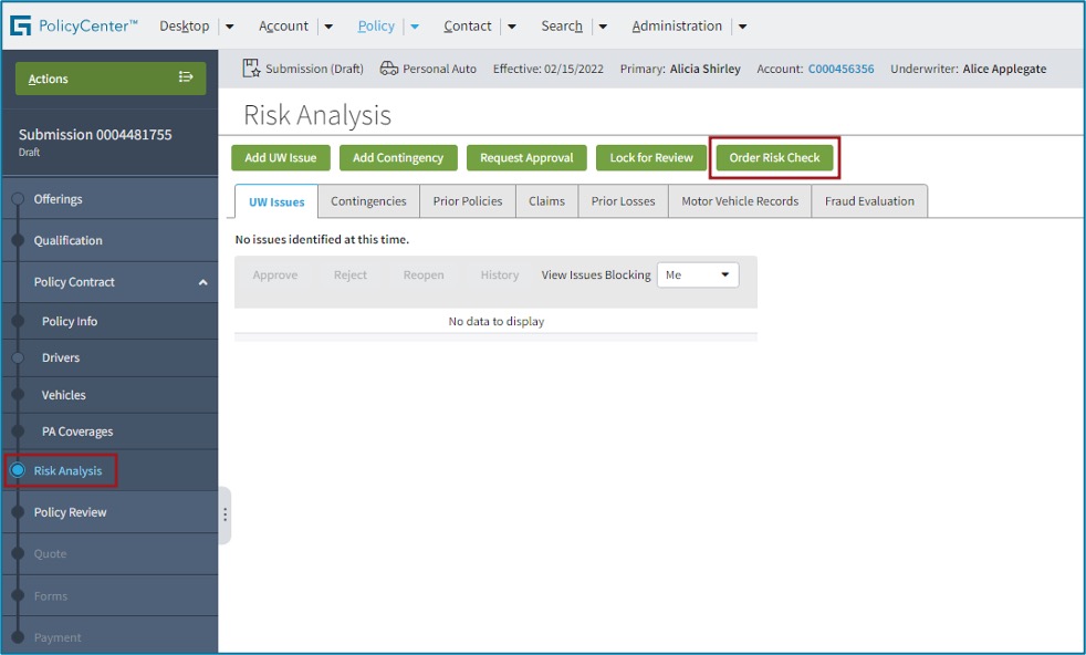 Verisk Accelerator for RISK:check® Point of Sale for PolicyCenter 10