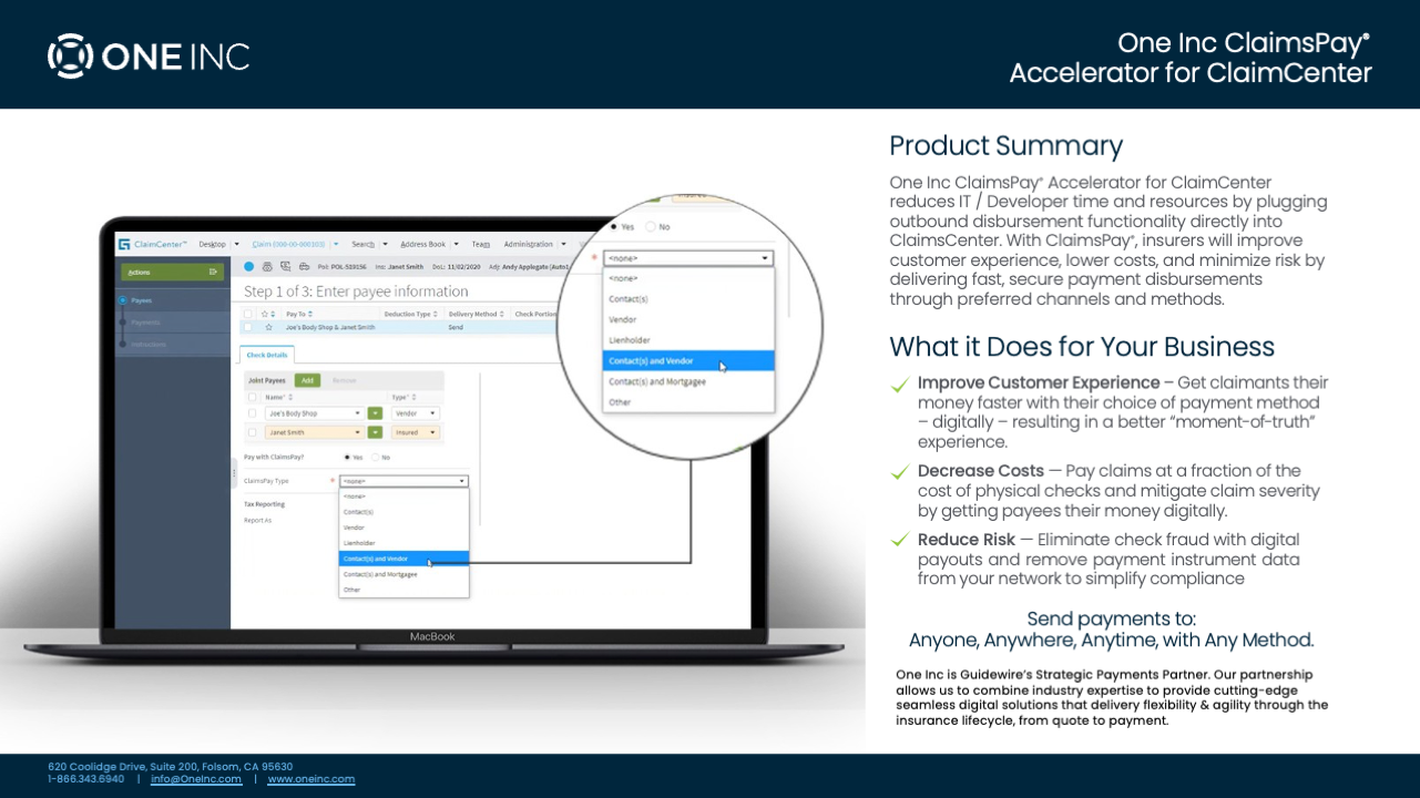 One Inc ClaimsPay® Accelerator for ClaimCenter 10.2.3